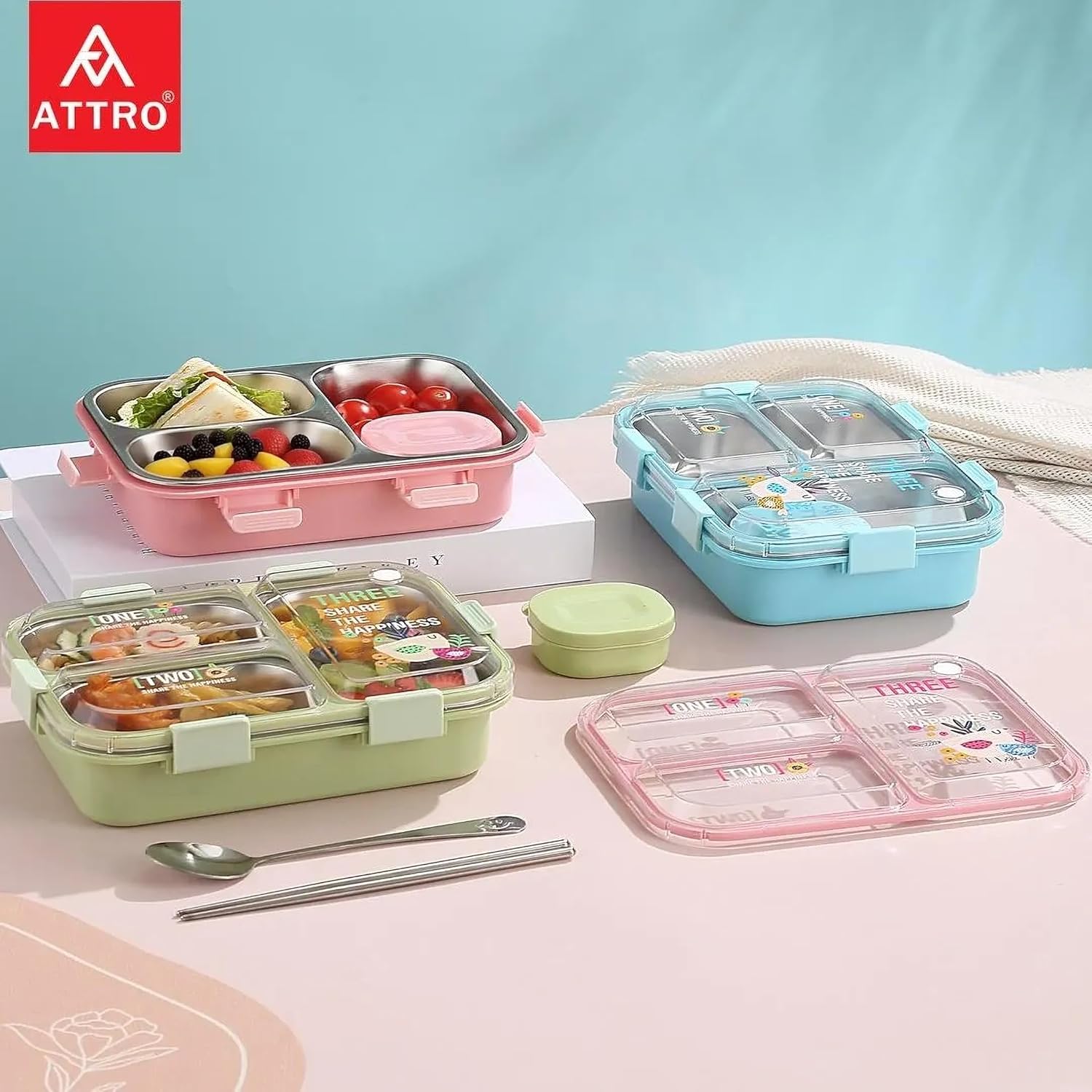 Kids Lunch Box with 3 Compartment Inner Steel, 1 Small Container, Spoo ...