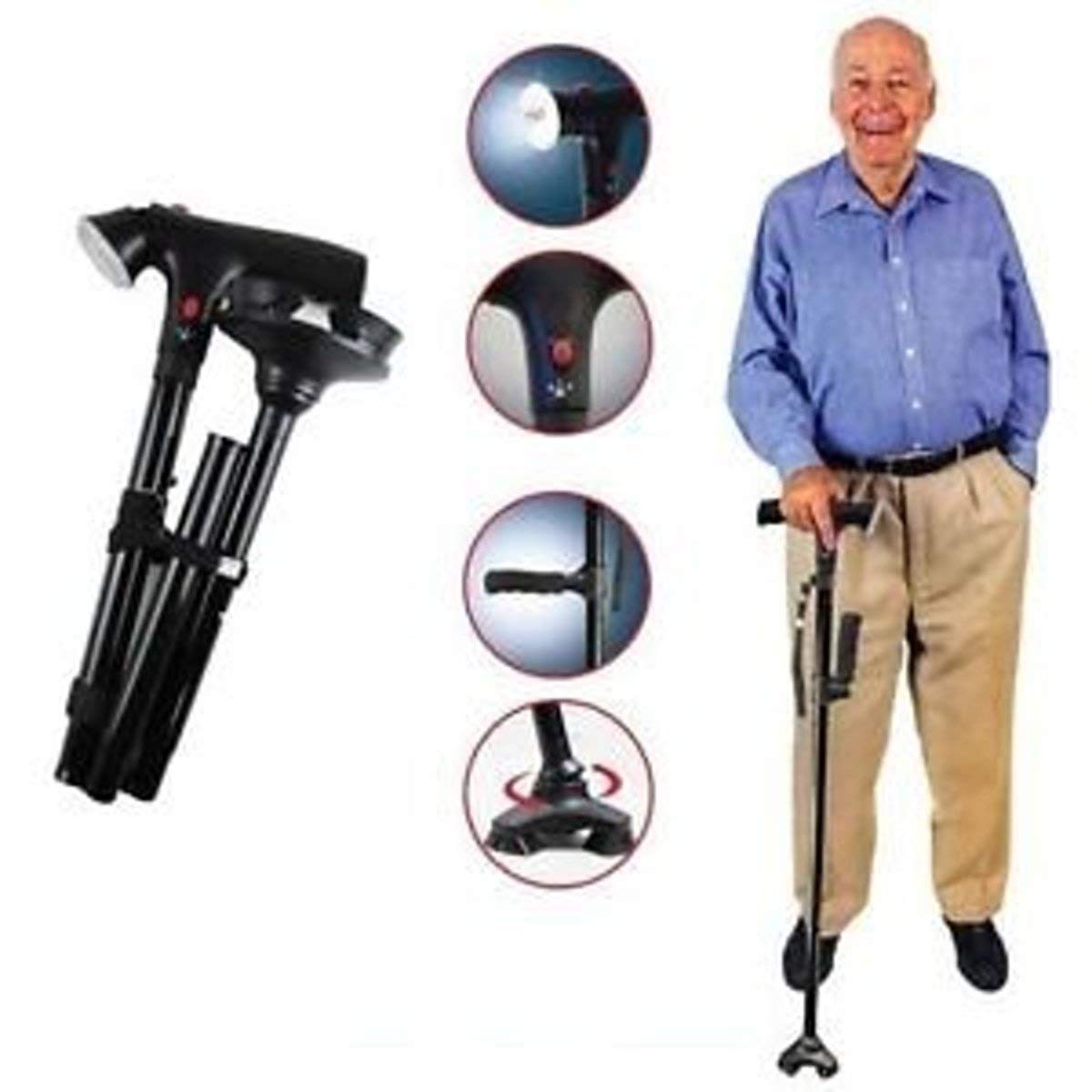 Twin Grip Cane LED Folding Walking Triple Head Pivot Base Adjustable ...